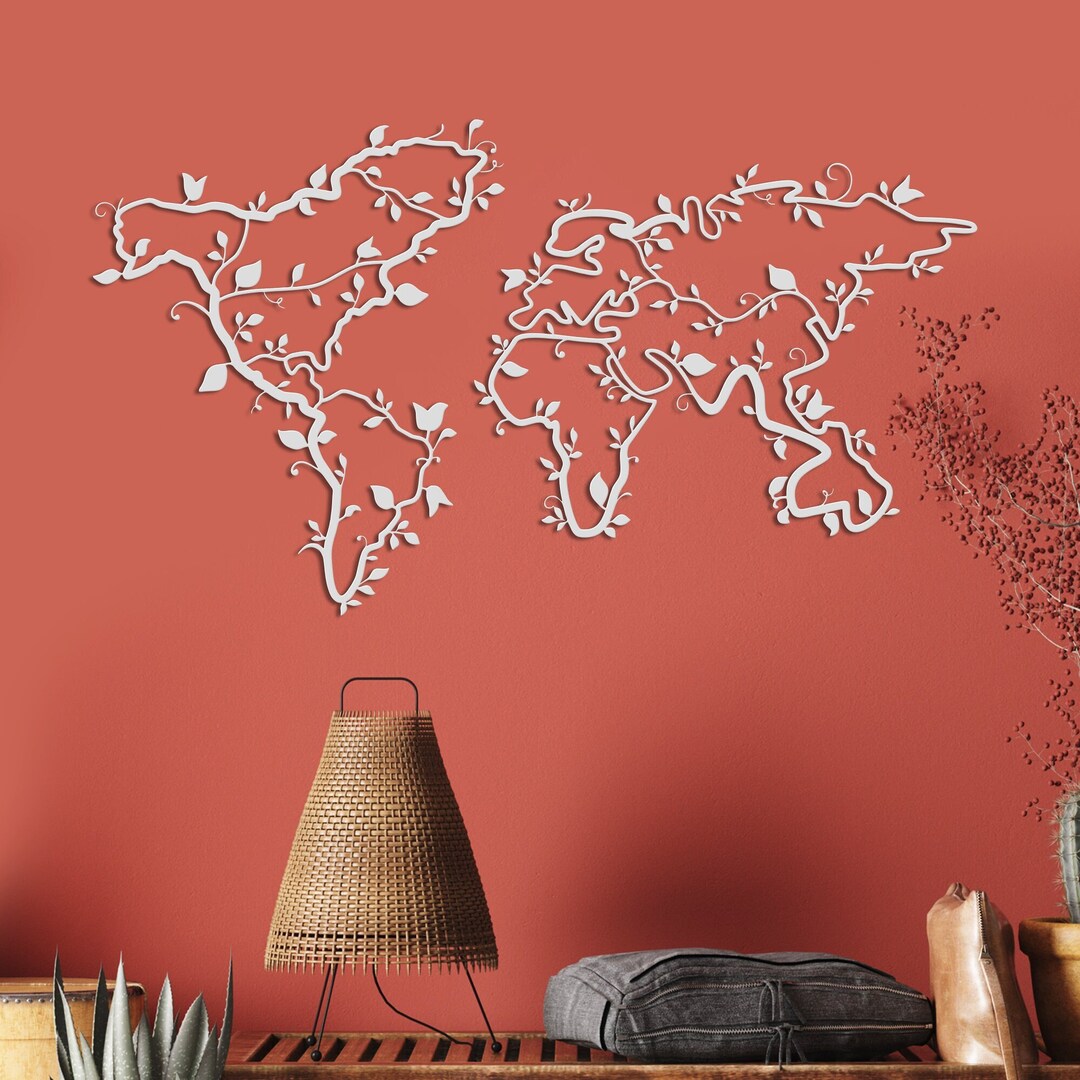 Leaf World Map, Tree World Map, Metal World Map Continents, Metal Wall ...