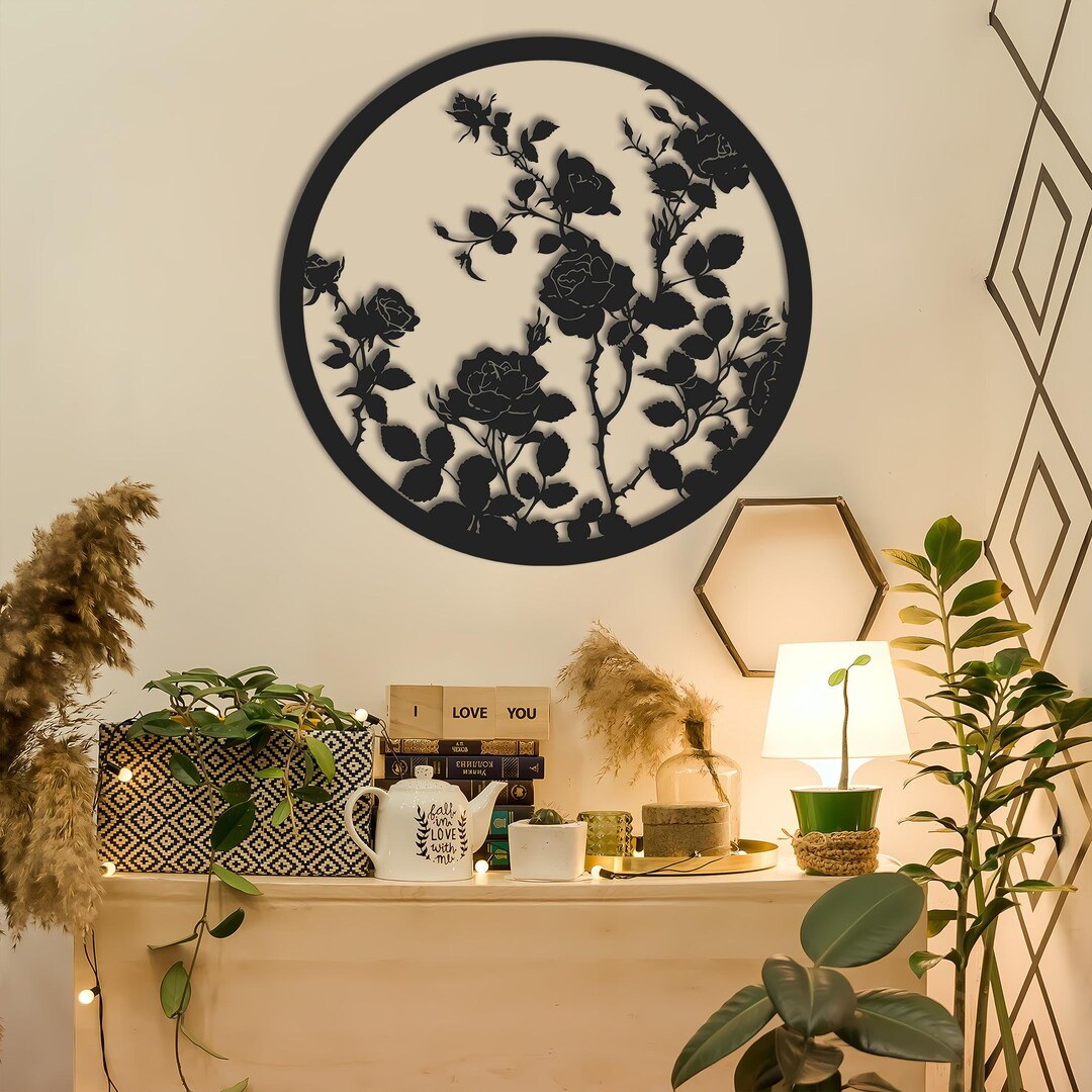 Floral Roses Silhouette, Modern Laser Cut Metal Wall Art, Detailed ...
