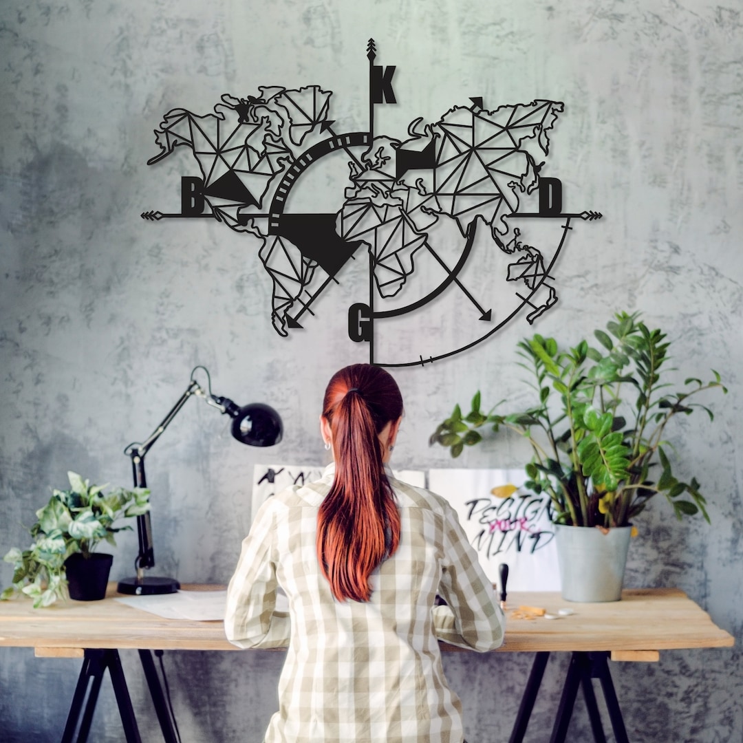 Metal World Map Metal Decor, World Map Compass Wall Art, Wall Art for ...
