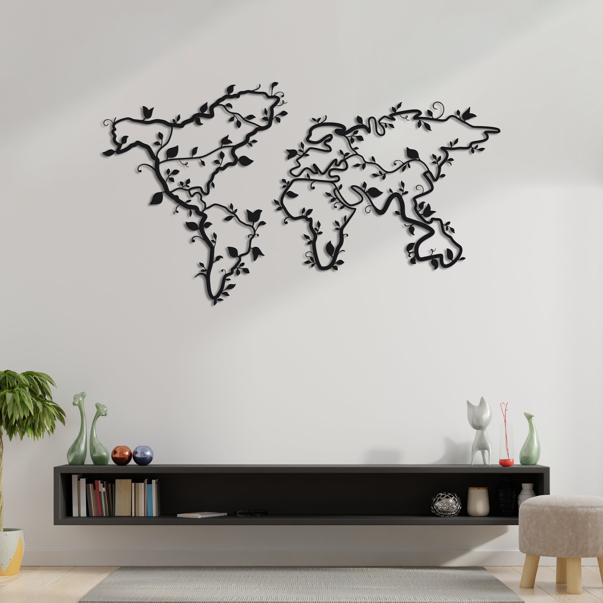 Leaf World Map, Tree World Map, Metal World Map Continents, Metal Wall ...