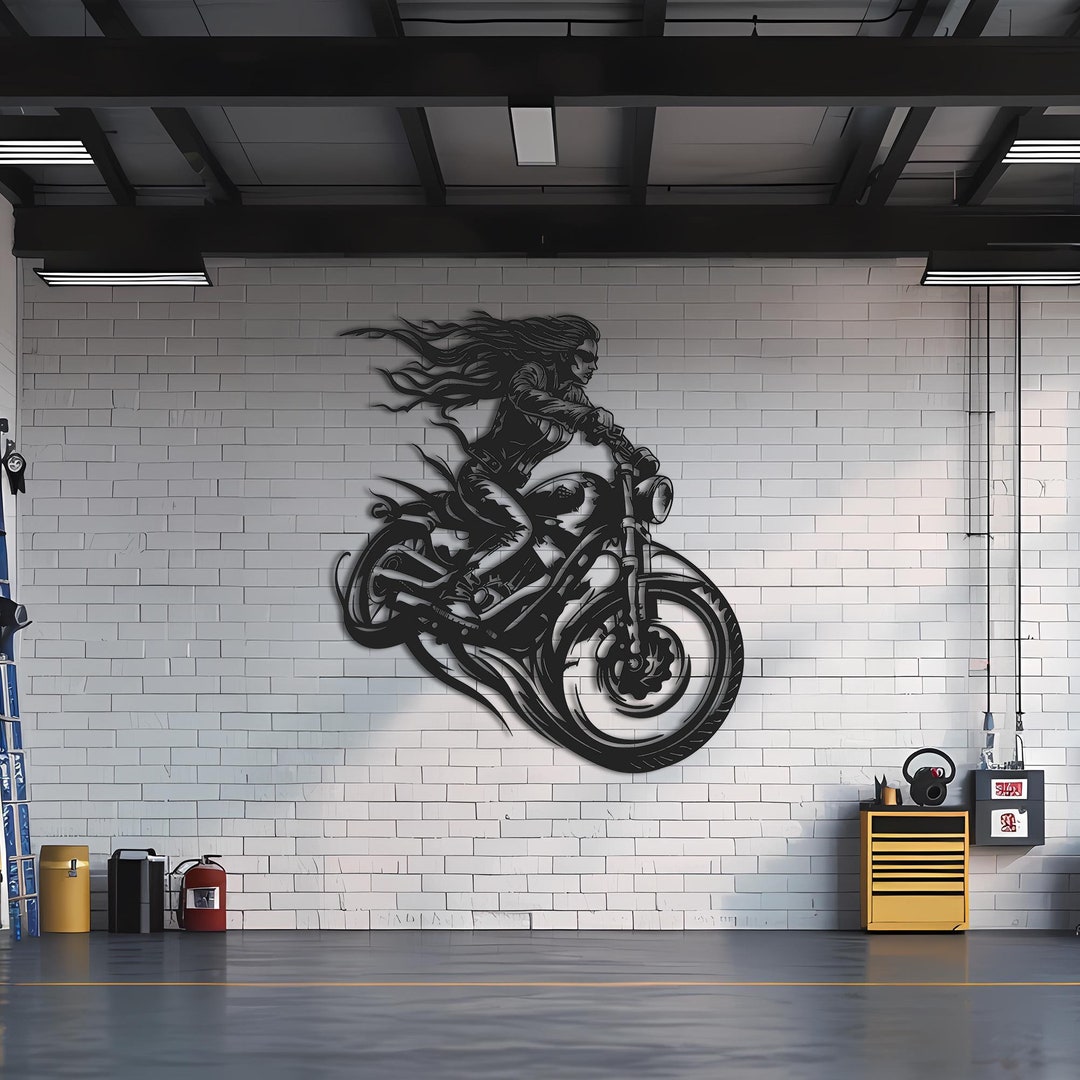 Artistic Female Biker Silhouette With Classic Chopper Metal Wall Art ...