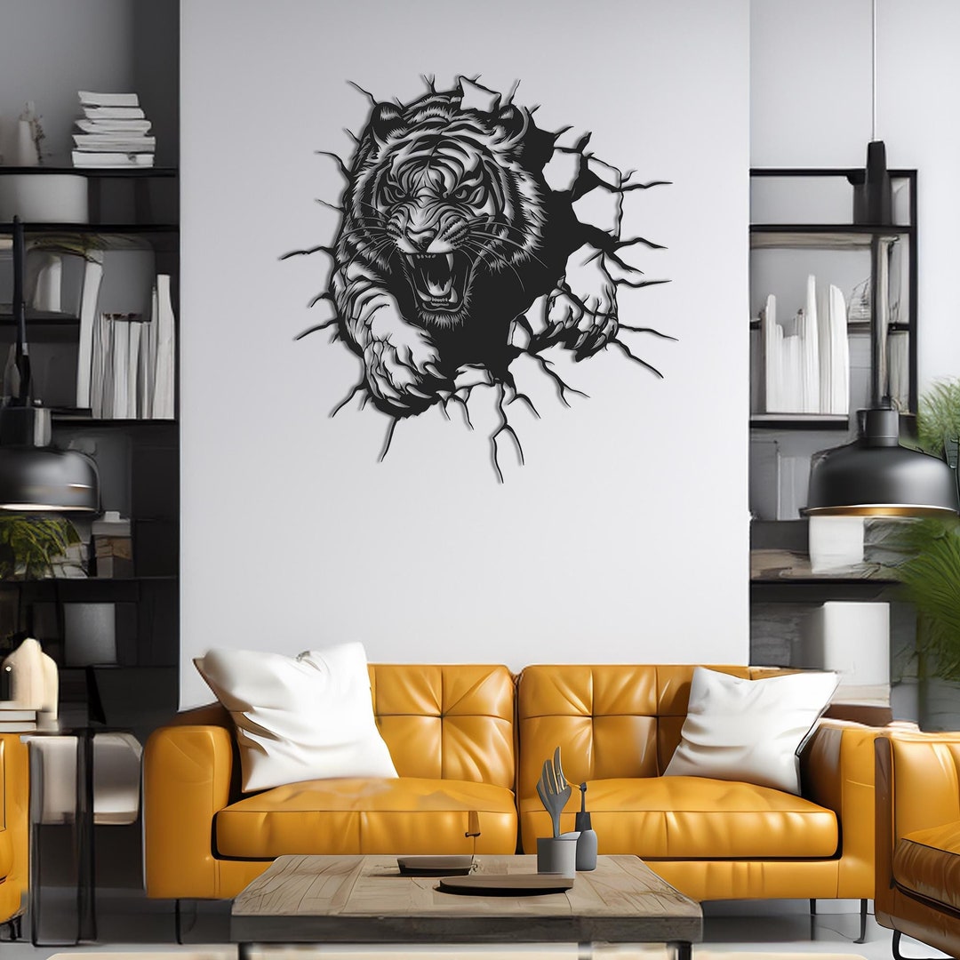 Tiger Breaking Through Wall Laser Cut Metal Wall Art - Fierce Tiger ...