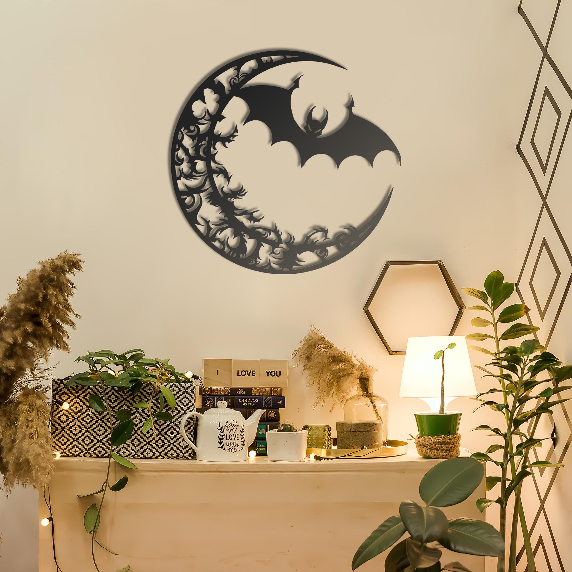 Bat Flying Over Crescent Moon, Detailed Halloween Decor, Perfect for ...