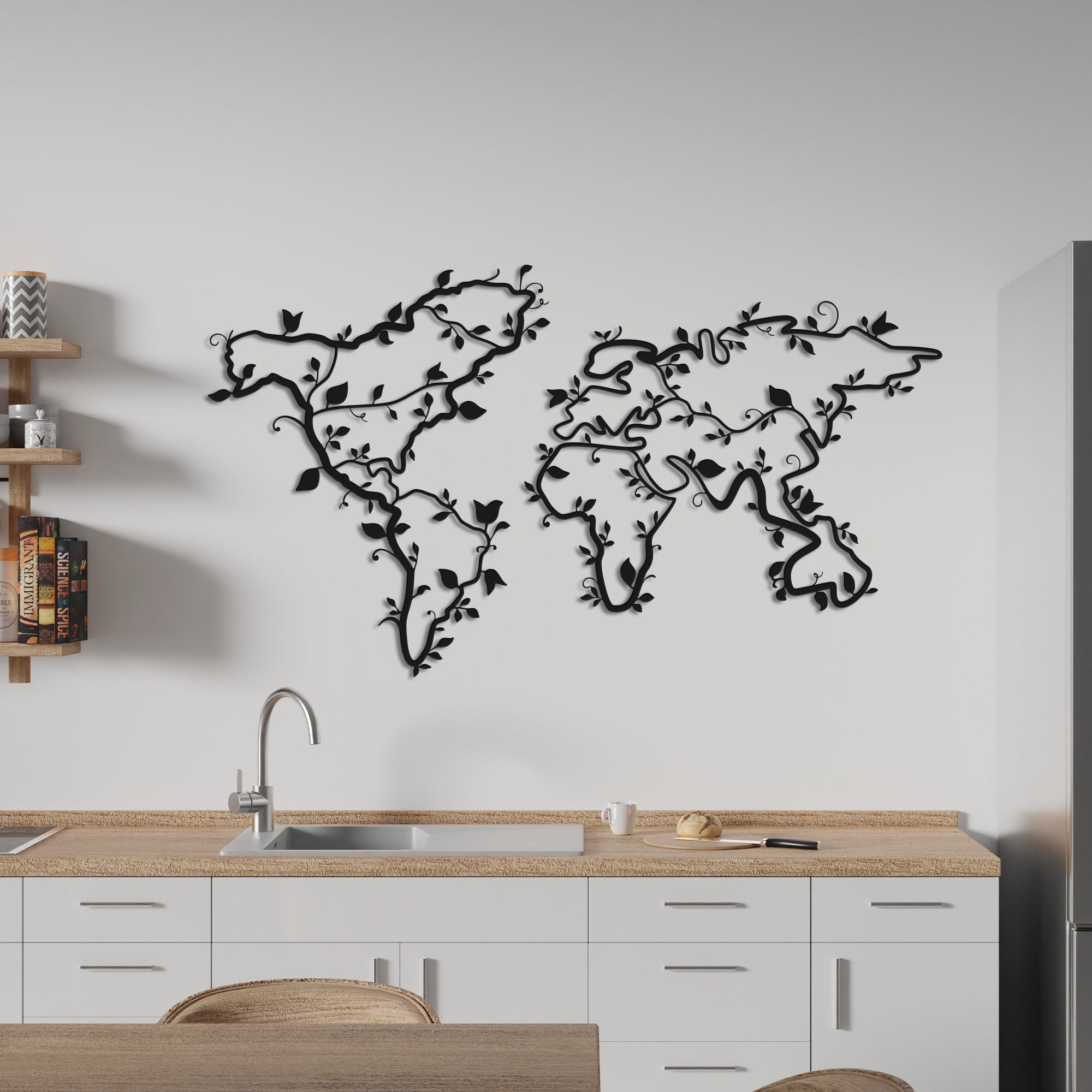 Leaf World Map, Tree World Map, Metal World Map Continents, Metal Wall ...