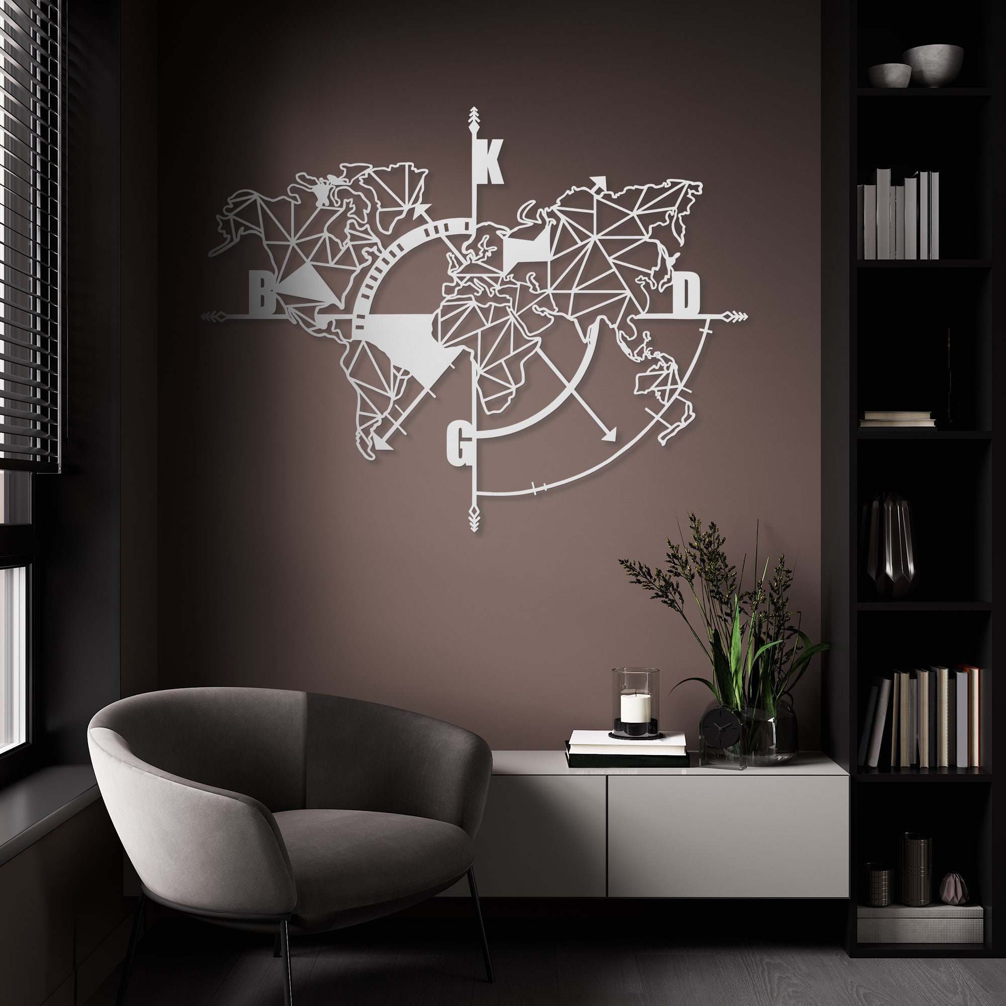 Metal World Map Metal Decor, World Map Compass Wall Art, Wall Art for ...