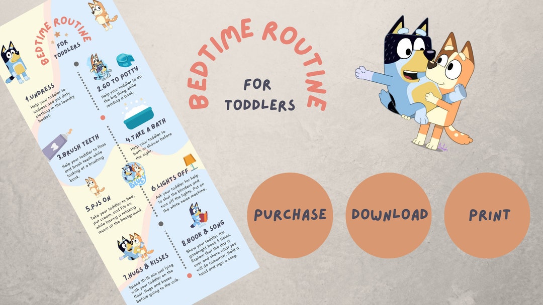 Infografía imprimible con la rutina de dormir de Bluey para niños ...