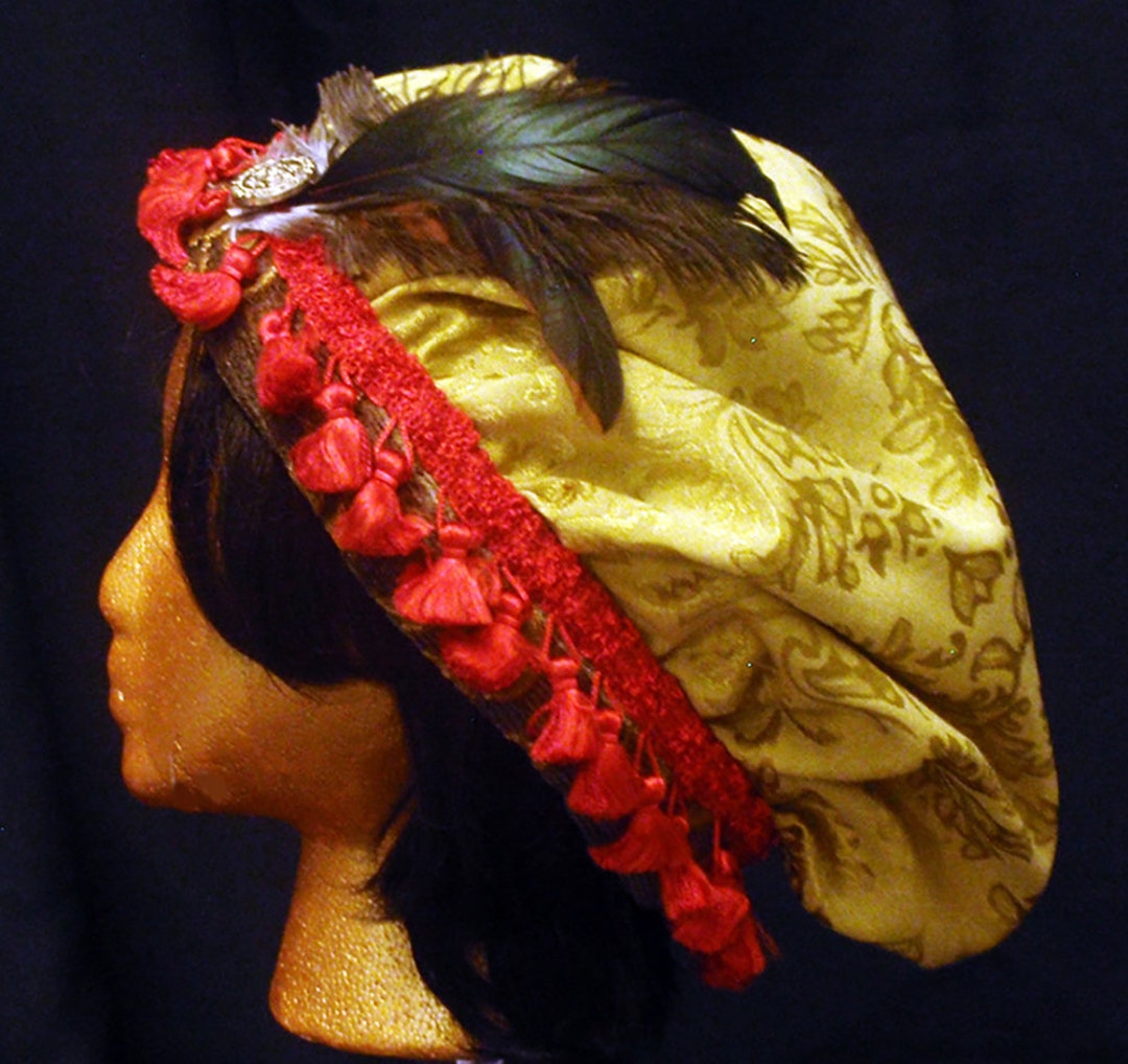 Renaissance Muffin Cap Hat Gold Brocade Red Tassel Trim Tudor Feathers ...