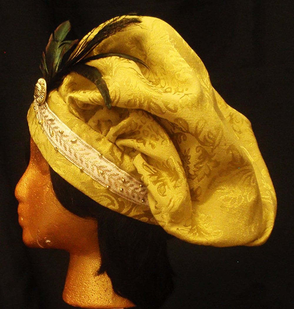 Gold Brocade Renaissance Tudor Peacock Feather Muffin Cap Hat - Etsy