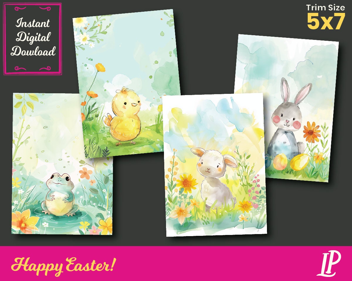 Printable Watercolor Easter Cards, Baby Easter Animals, Instant ...