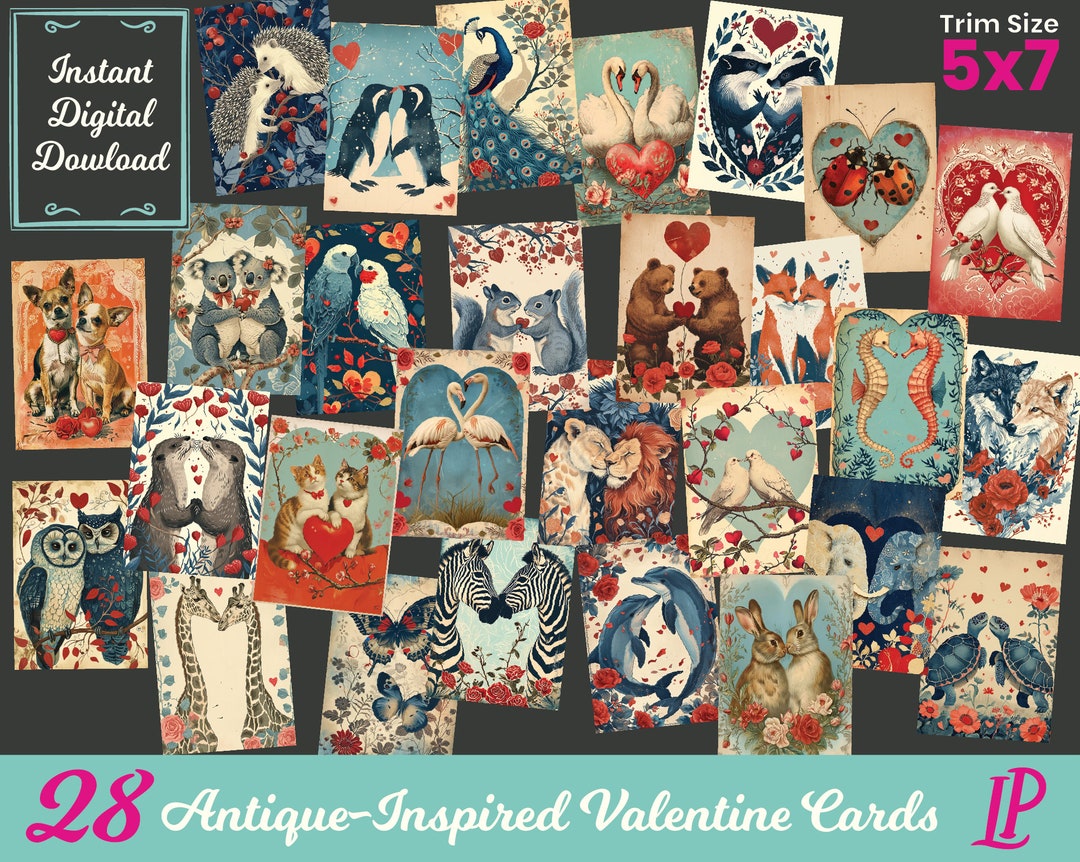 Printable Vintage Animal Valentine's Day Cards Romantic Digital Gift ...
