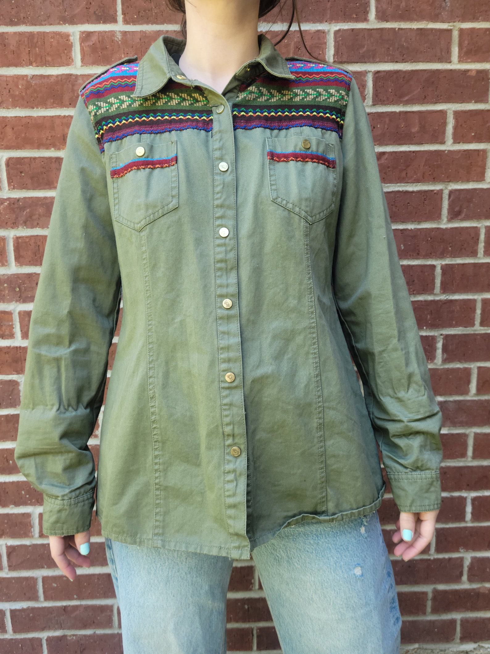 Talitha Paris Hunter Green Aztec Pattern Embroidered Colorful Utility ...