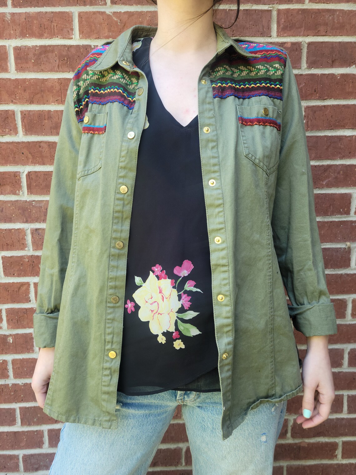 Talitha Paris Hunter Green Aztec Pattern Embroidered Colorful Utility ...