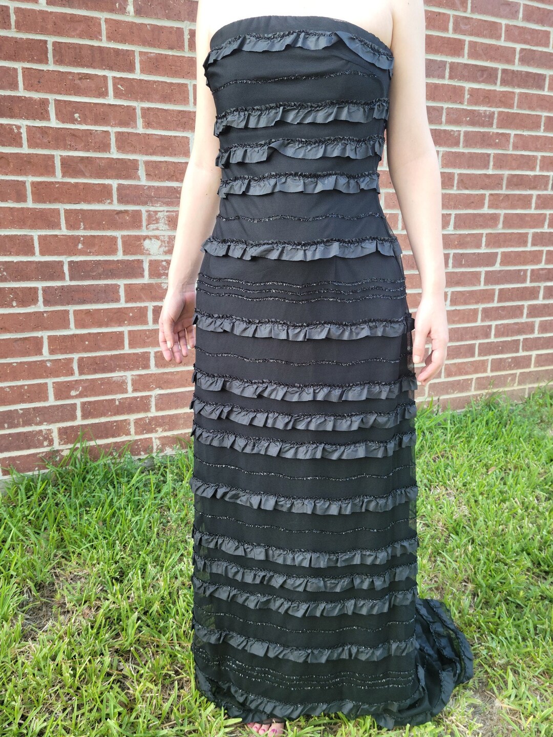 Vintage Black Tube Strapless Ruffle Tinsel Bari Jay Maxi Formal Dress ...