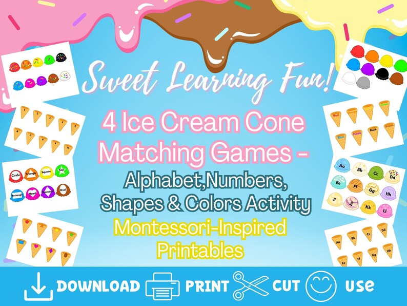 Ice Cream Cone Match Game – Alphabet, Numbers, Shapes & Colors Activity ...