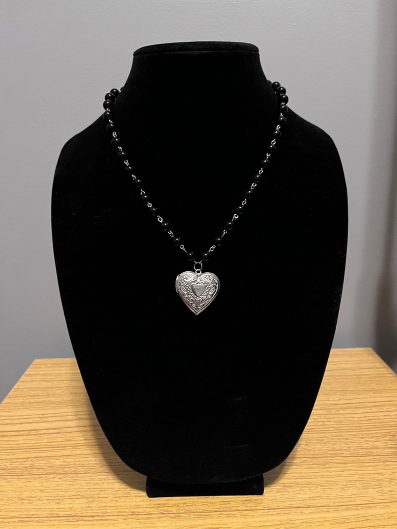 Bead Necklace | Black Beads With Heart Locket - Etsy