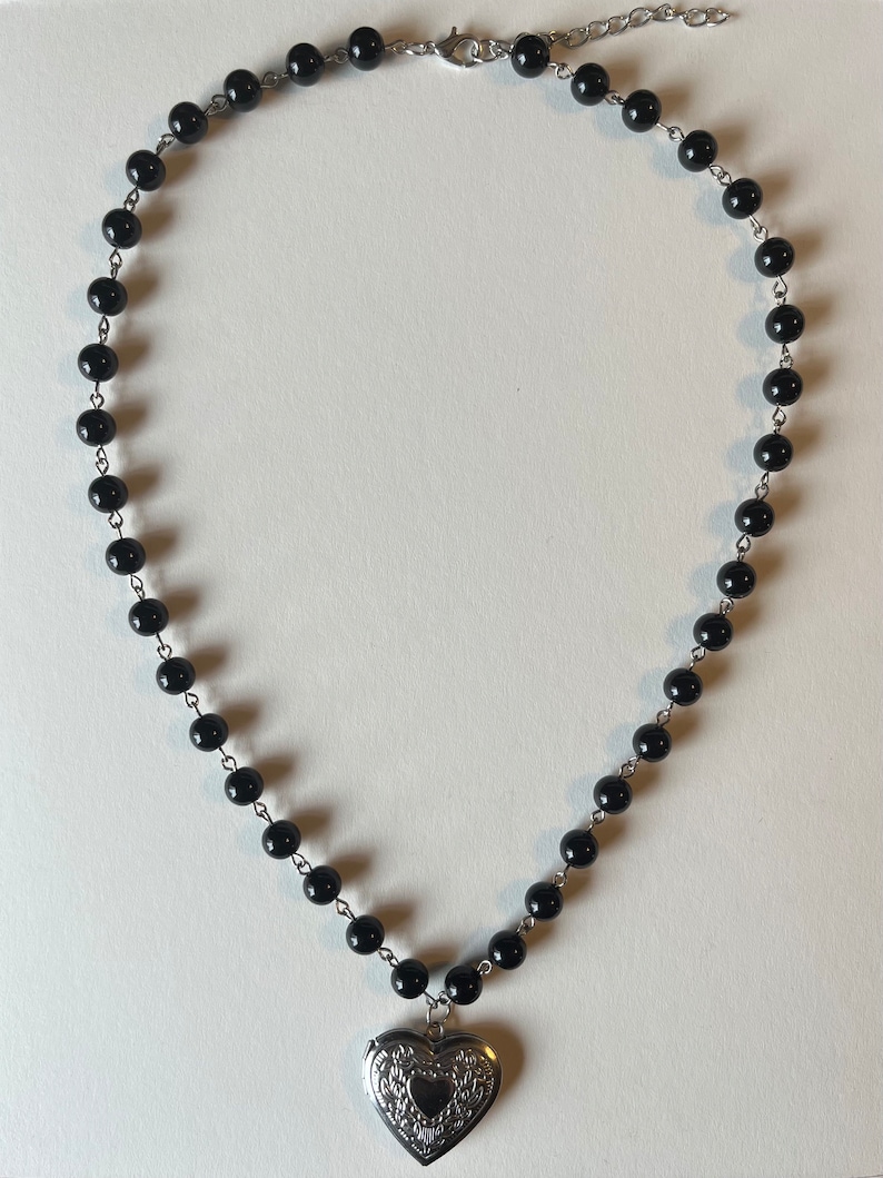 Bead Necklace | Black Beads With Heart Locket - Etsy