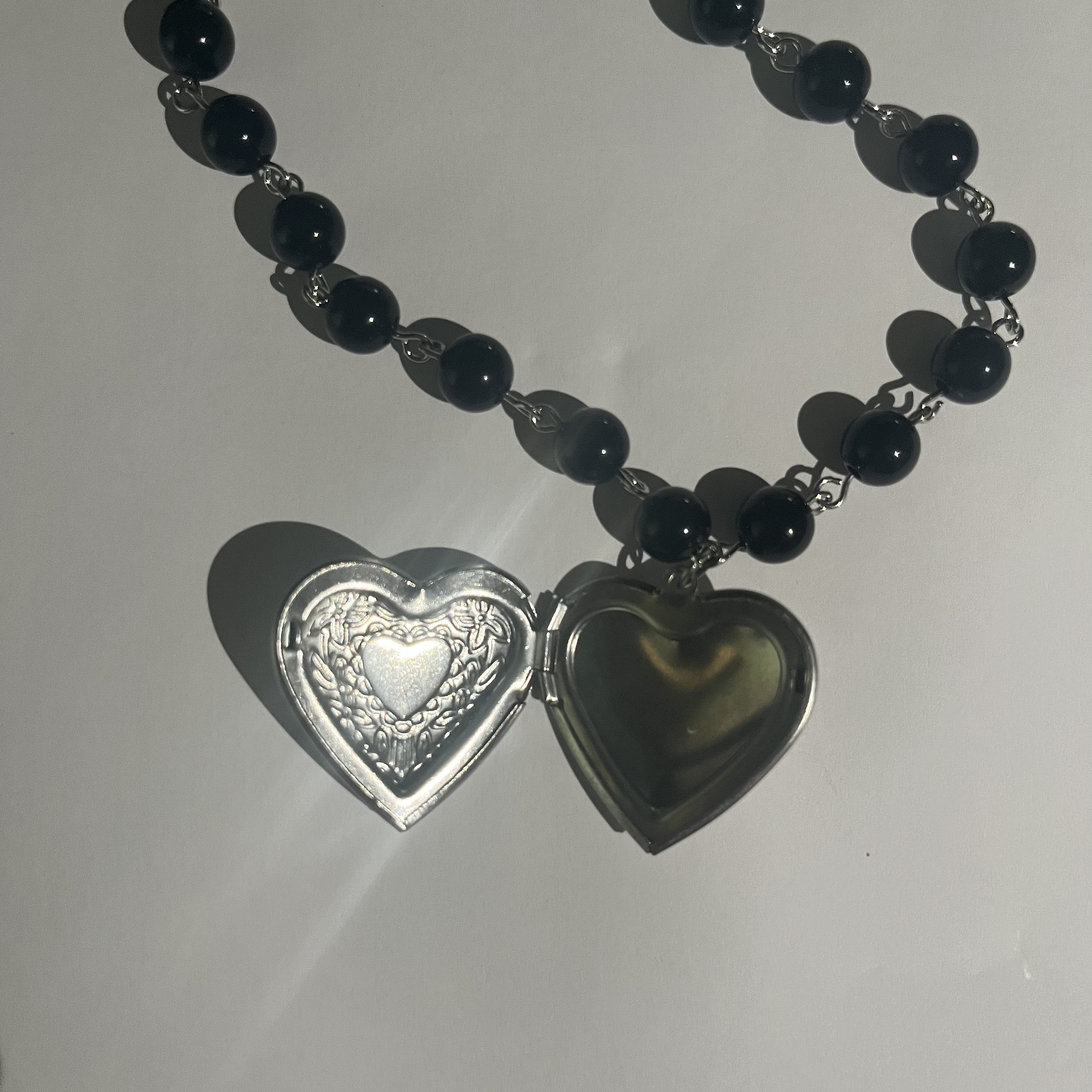 Bead Necklace | Black Beads With Heart Locket - Etsy