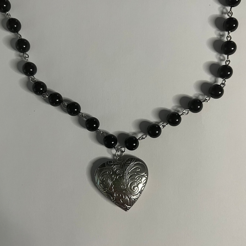 Bead Necklace | Black Beads With Heart Locket - Etsy