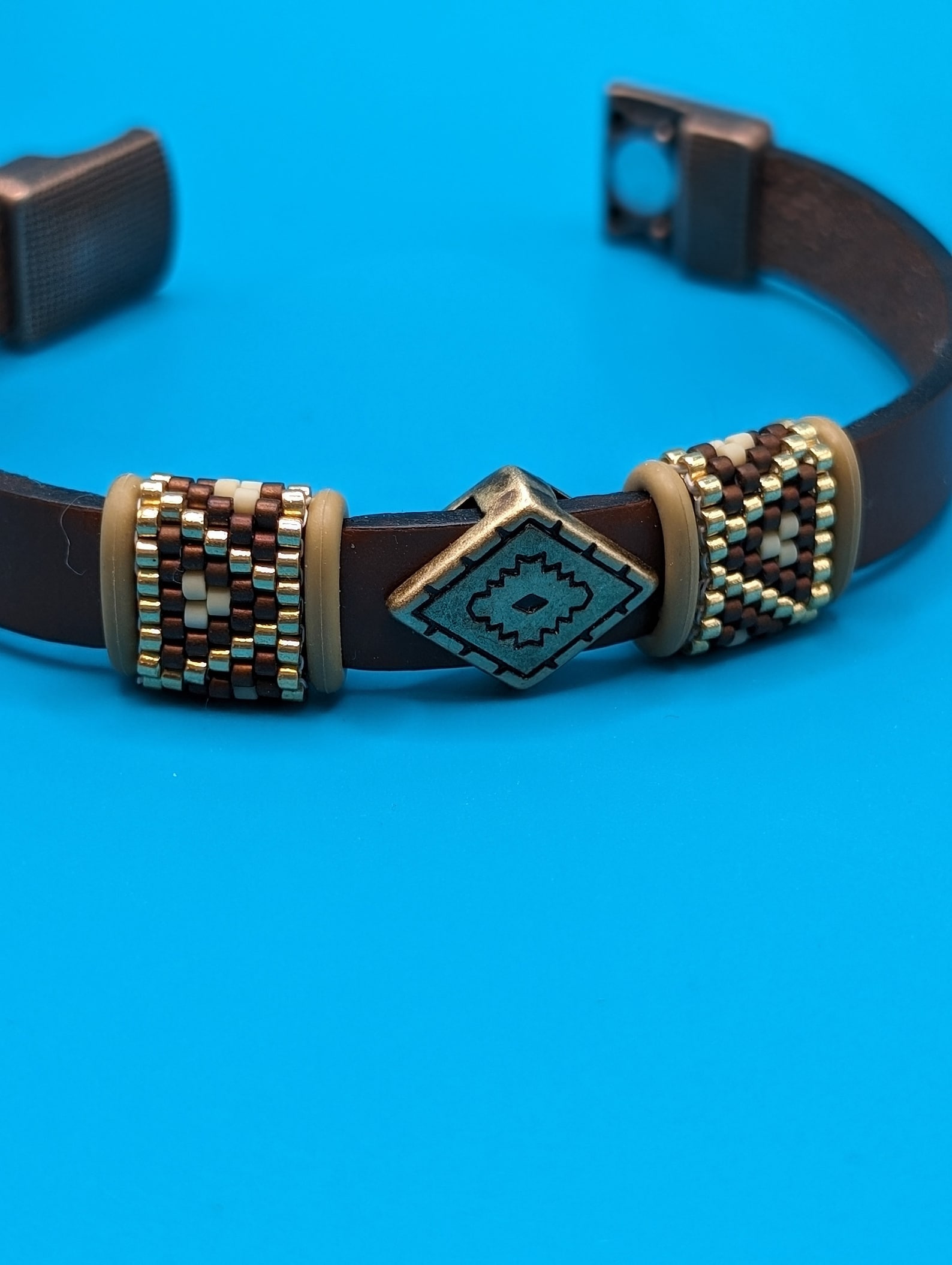 Brown Leather Rhombus Beaded Bracelet - Etsy