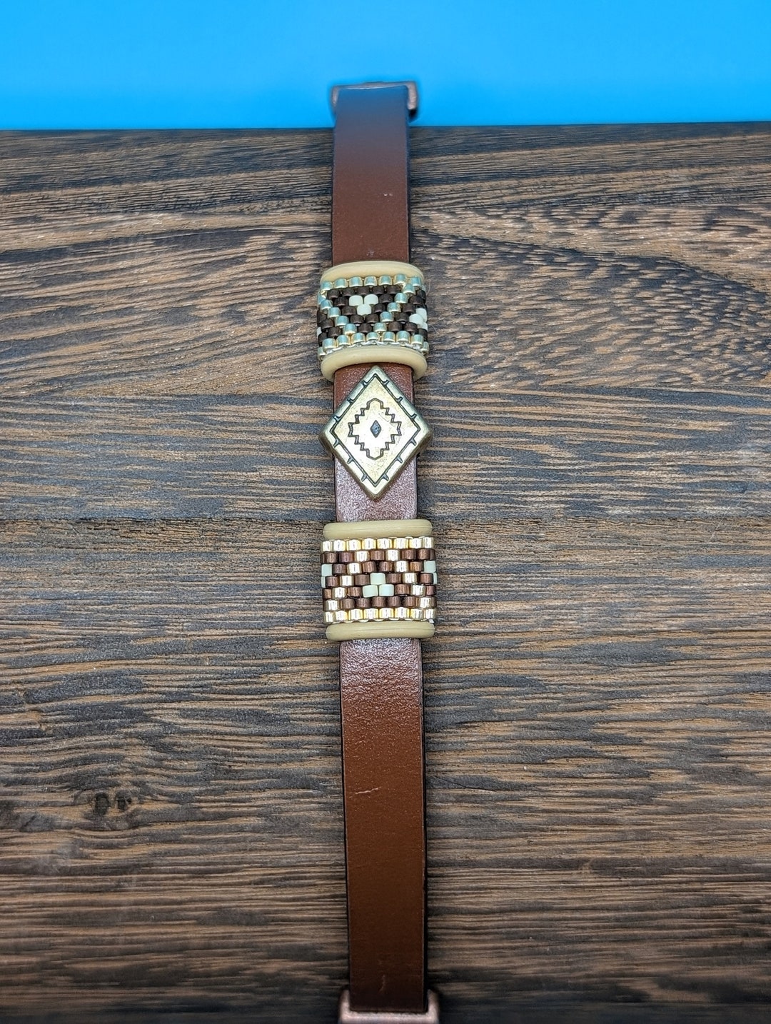 Brown Leather Rhombus Beaded Bracelet - Etsy