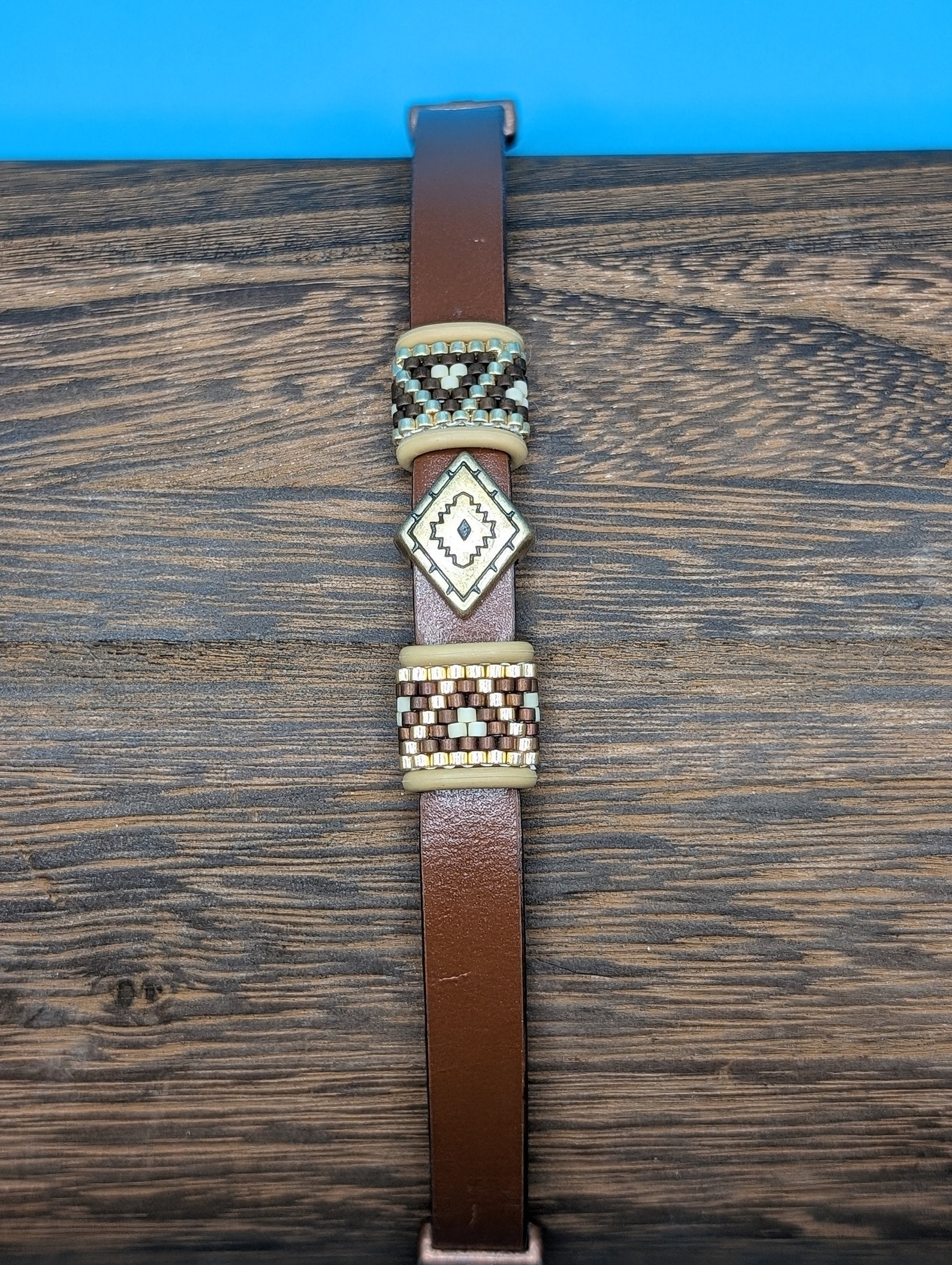 Brown Leather Rhombus Beaded Bracelet - Etsy