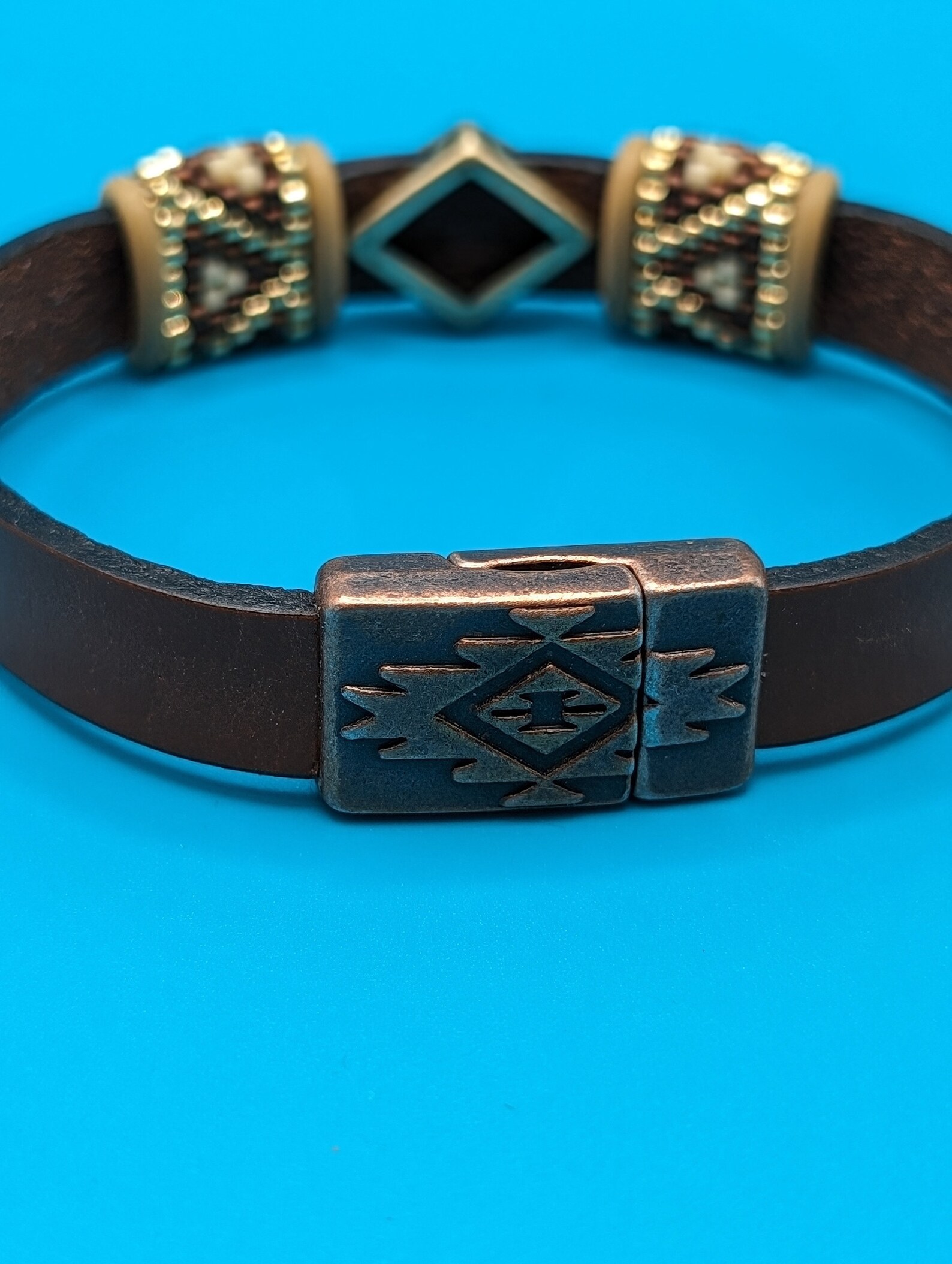Brown Leather Rhombus Beaded Bracelet - Etsy