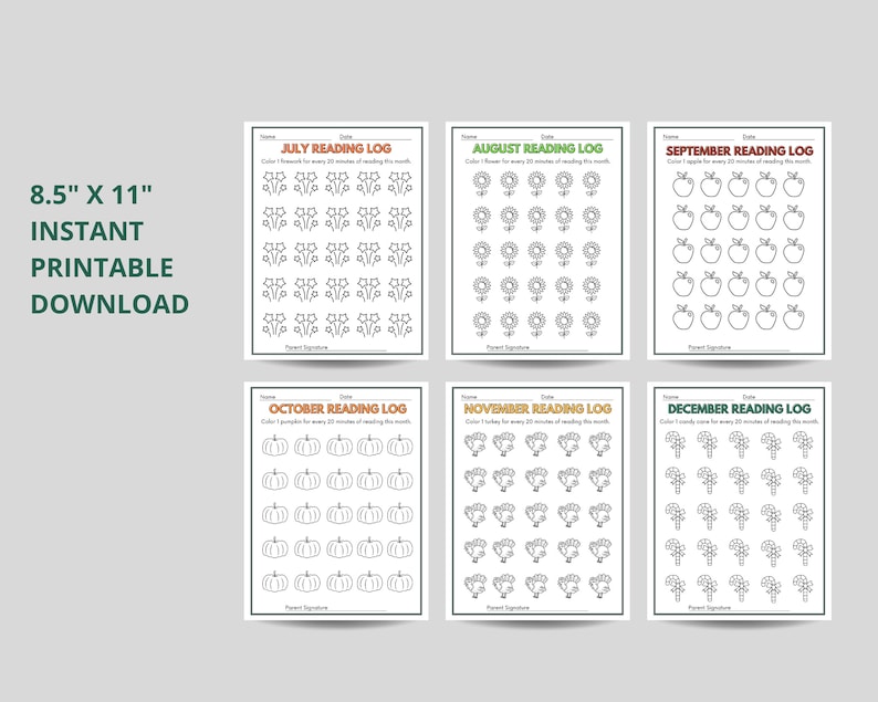 Kids Reading and Coloring Logs | Printable Set of 24 | Home & Teacher ...