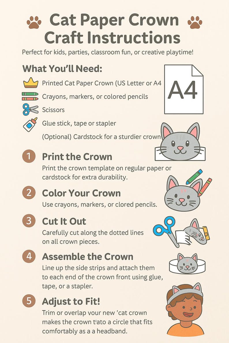 Cat Paper Crown Craft for Kids – Printable Cat Headband Coloring ...