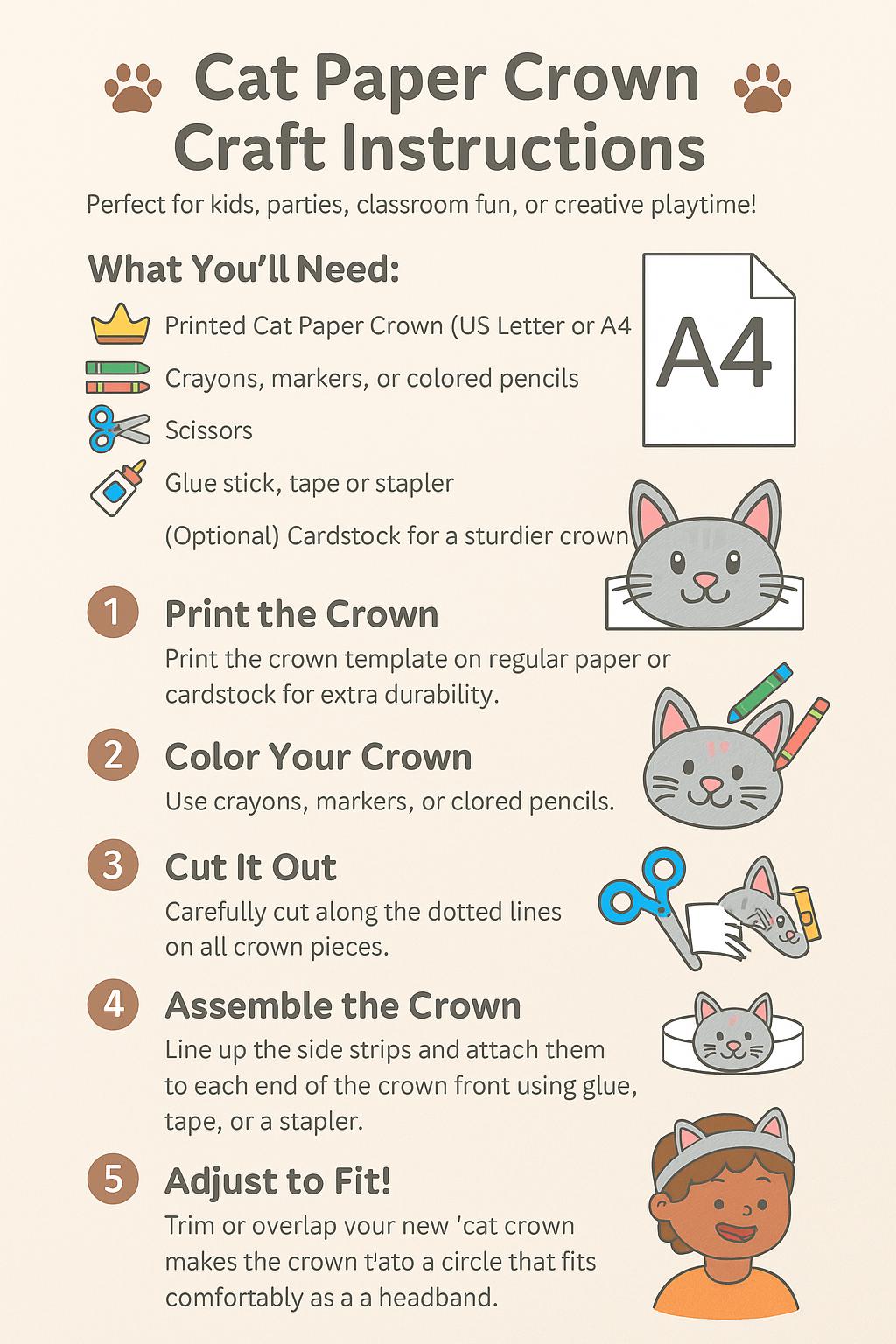 Cat Paper Crown Craft for Kids – Printable Cat Headband Coloring ...