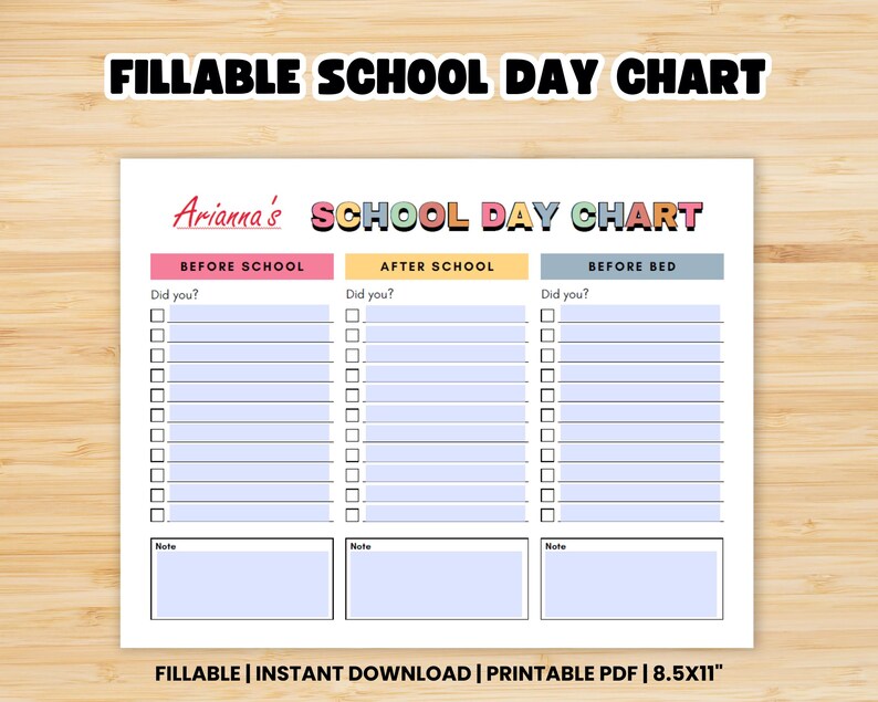 School Day Checklist for Kids – Fillable & Printable Daily Routine ...