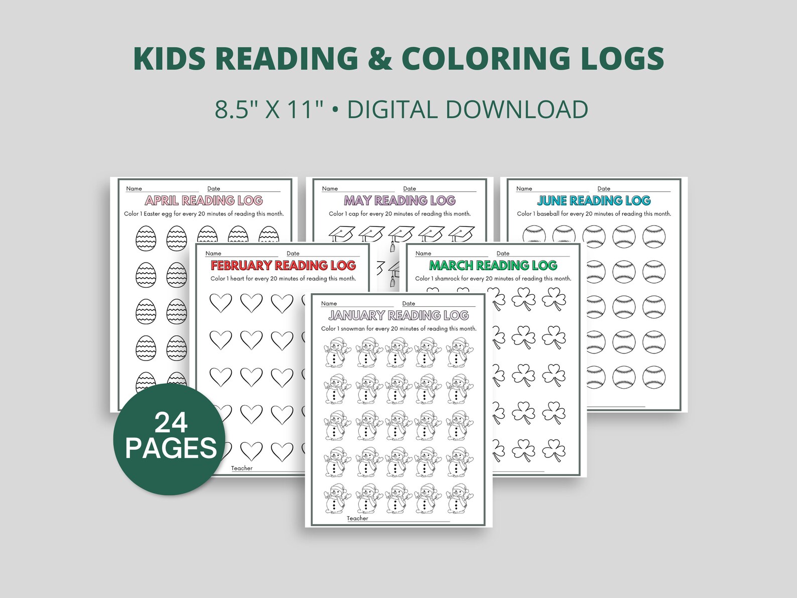 Kids Reading and Coloring Logs | Printable Set of 24 | Home & Teacher ...