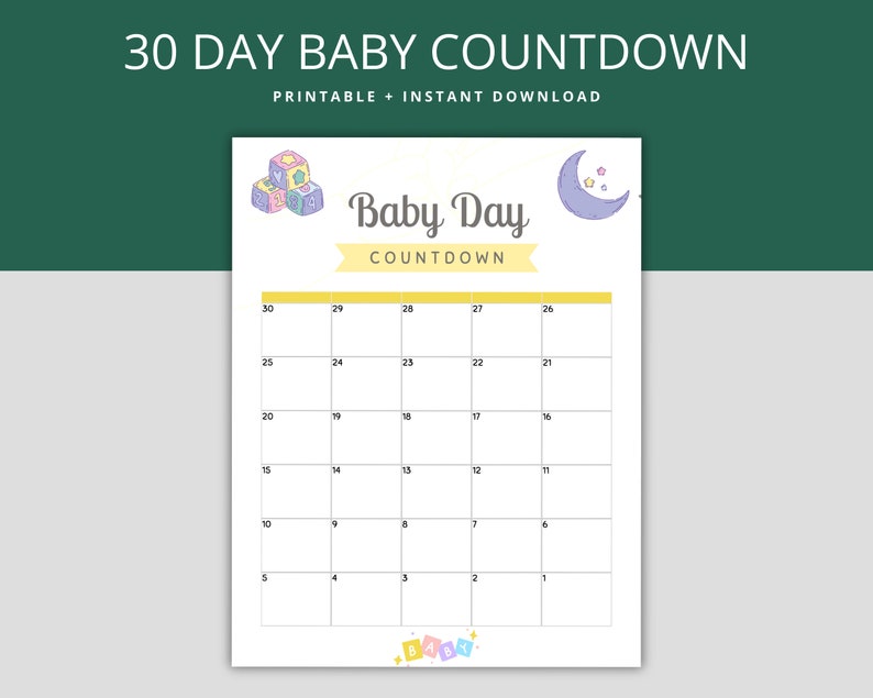 30 Day Baby Countdown Calendar | Fillable and Printable Pregnancy ...
