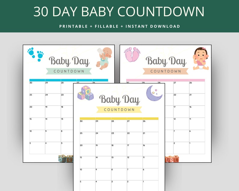 30 Day Baby Countdown Calendar | Fillable and Printable Pregnancy ...