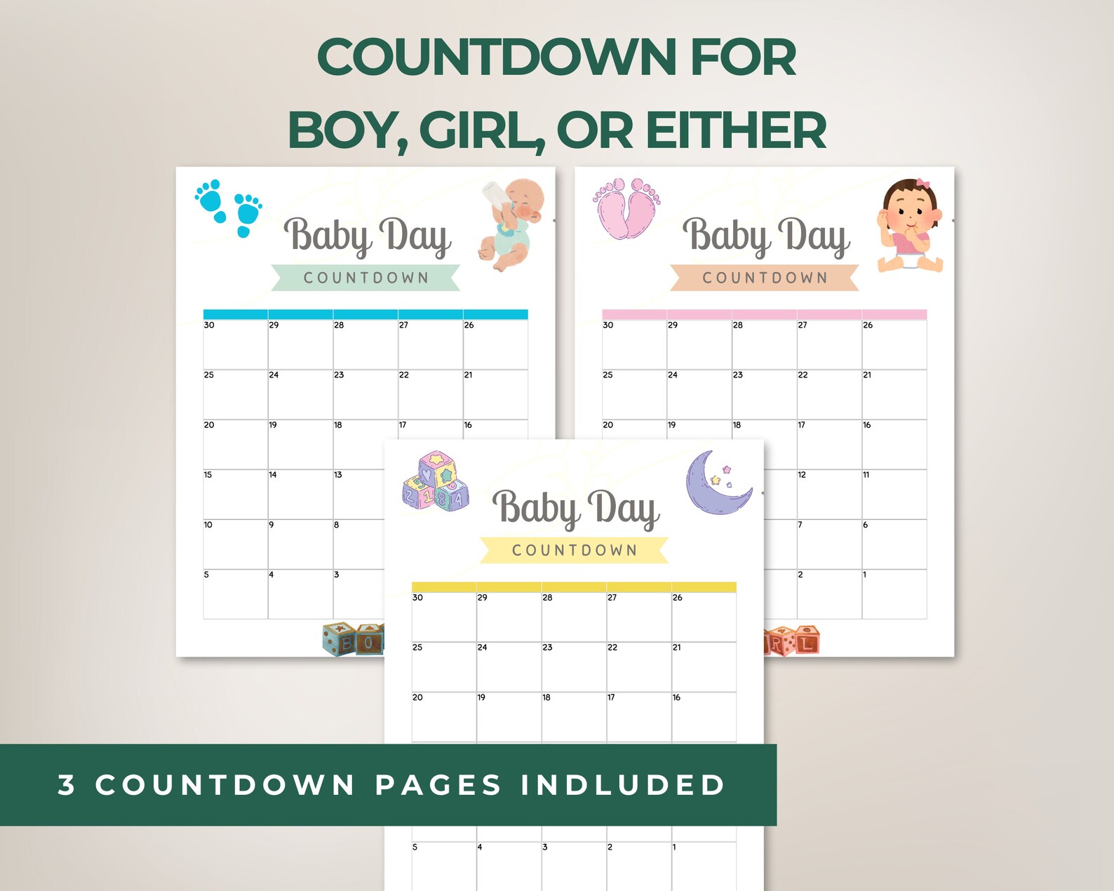 30 Day Baby Countdown Calendar | Fillable and Printable Pregnancy ...