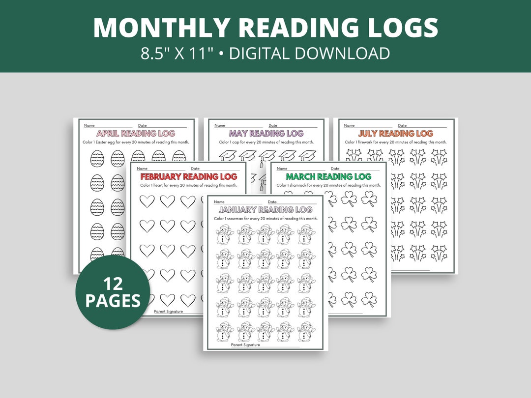 Monthly Coloring & Reading Logs for Kids Set of 12 Printable Sheets 2 ...