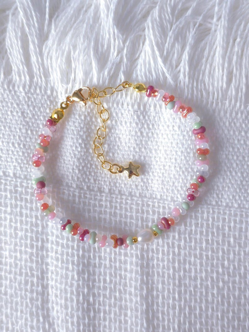 Ruby Pink Seed Bead Bracelet | Freshwater Pearl Chain Bracelet ...