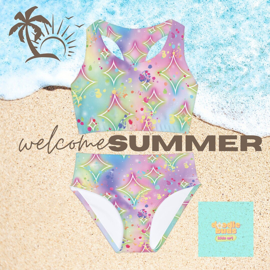 Girls Swimsuit Set, Neon Rainbow Two Piece Swimwear, Beach Summer Neon ...