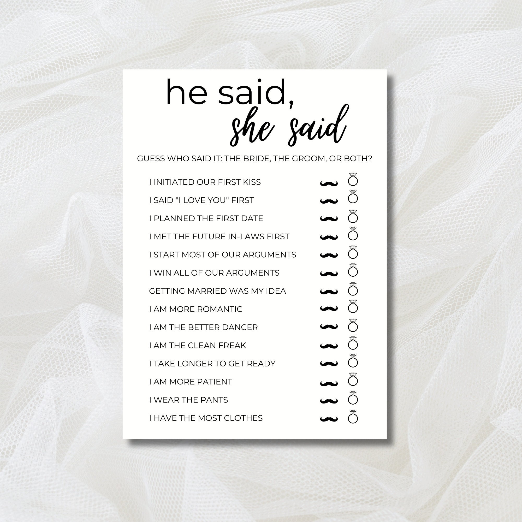 He Said, She Said | Bridal Shower Game | Bridal Shower Activity ...