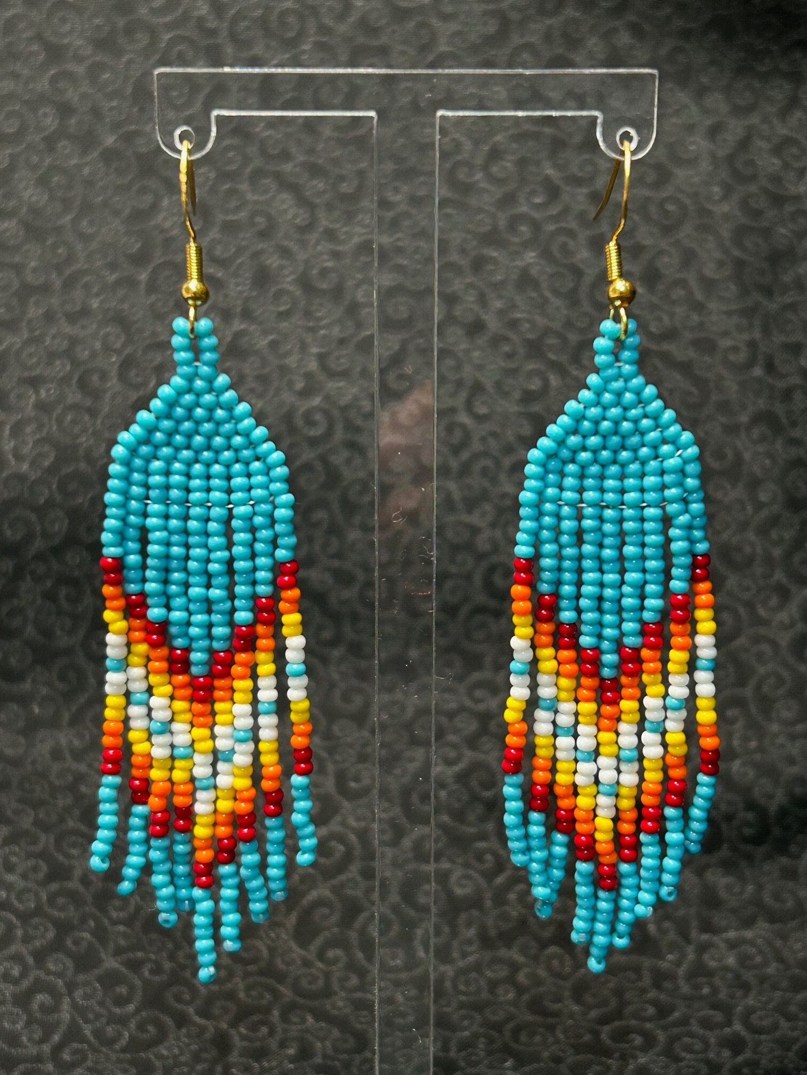 Soft Blue / Ocean Blue Beaded Fringe Earings With Fire Colors. Hand ...