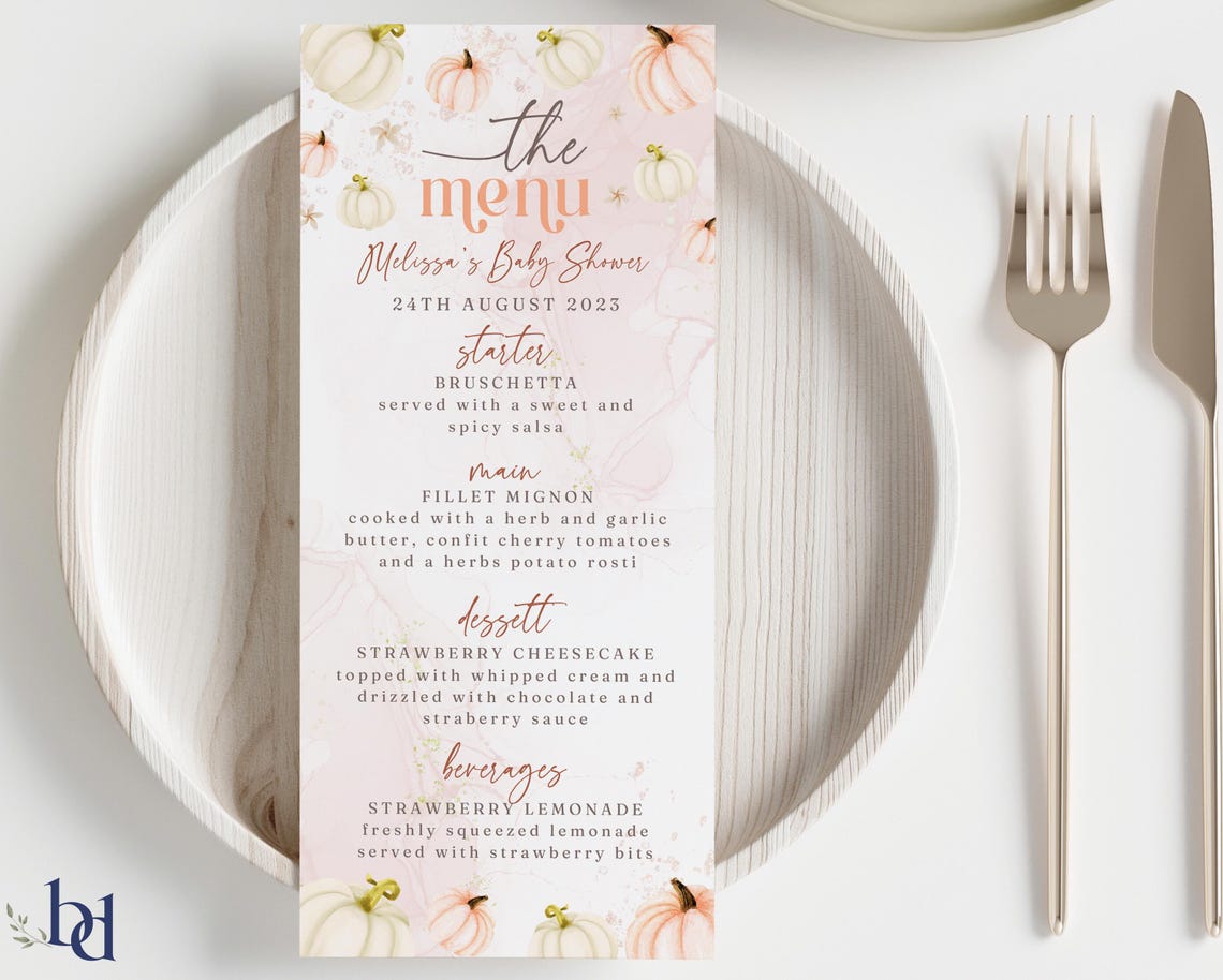 Pumpkin on the Way Menu Card Template, Autumn Shower Menu Template ...