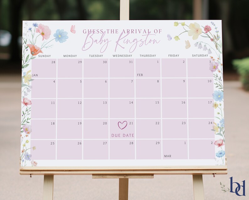 Wildflower Due Date Calendar Template, Baby in Bloom Baby Shower ...
