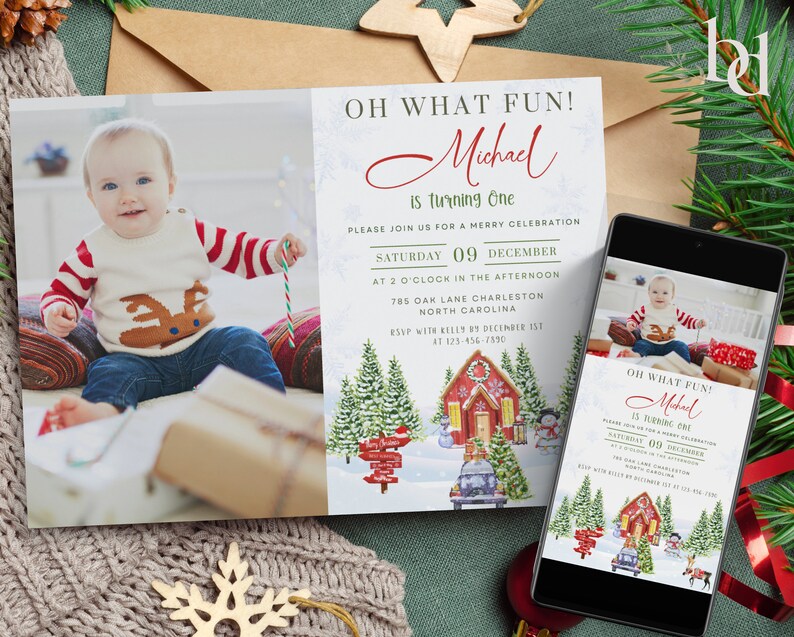 Christmas First Birthday Invitation Template, 1st Birthday Card Invite ...