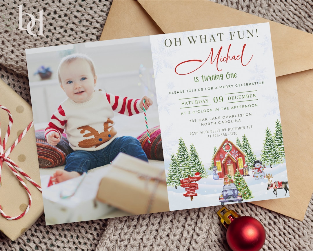 Christmas First Birthday Invitation Template, 1st Birthday Card Invite ...