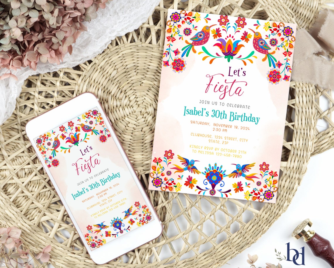 Mexican Otomi Fiesta 30th Birthday Invitation, Editable Template ...