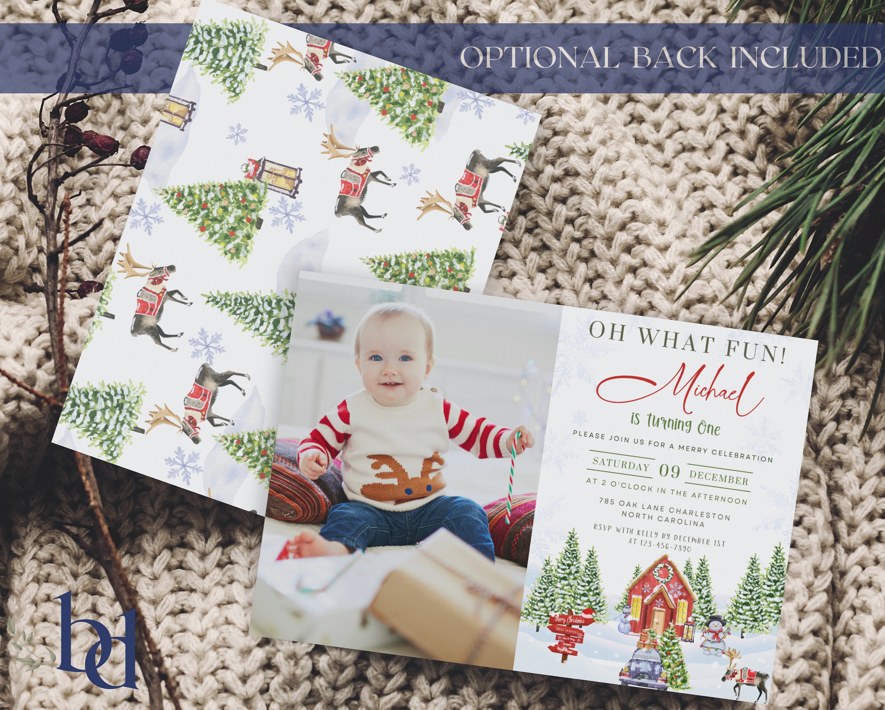 Christmas First Birthday Invitation Template, 1st Birthday Card Invite ...
