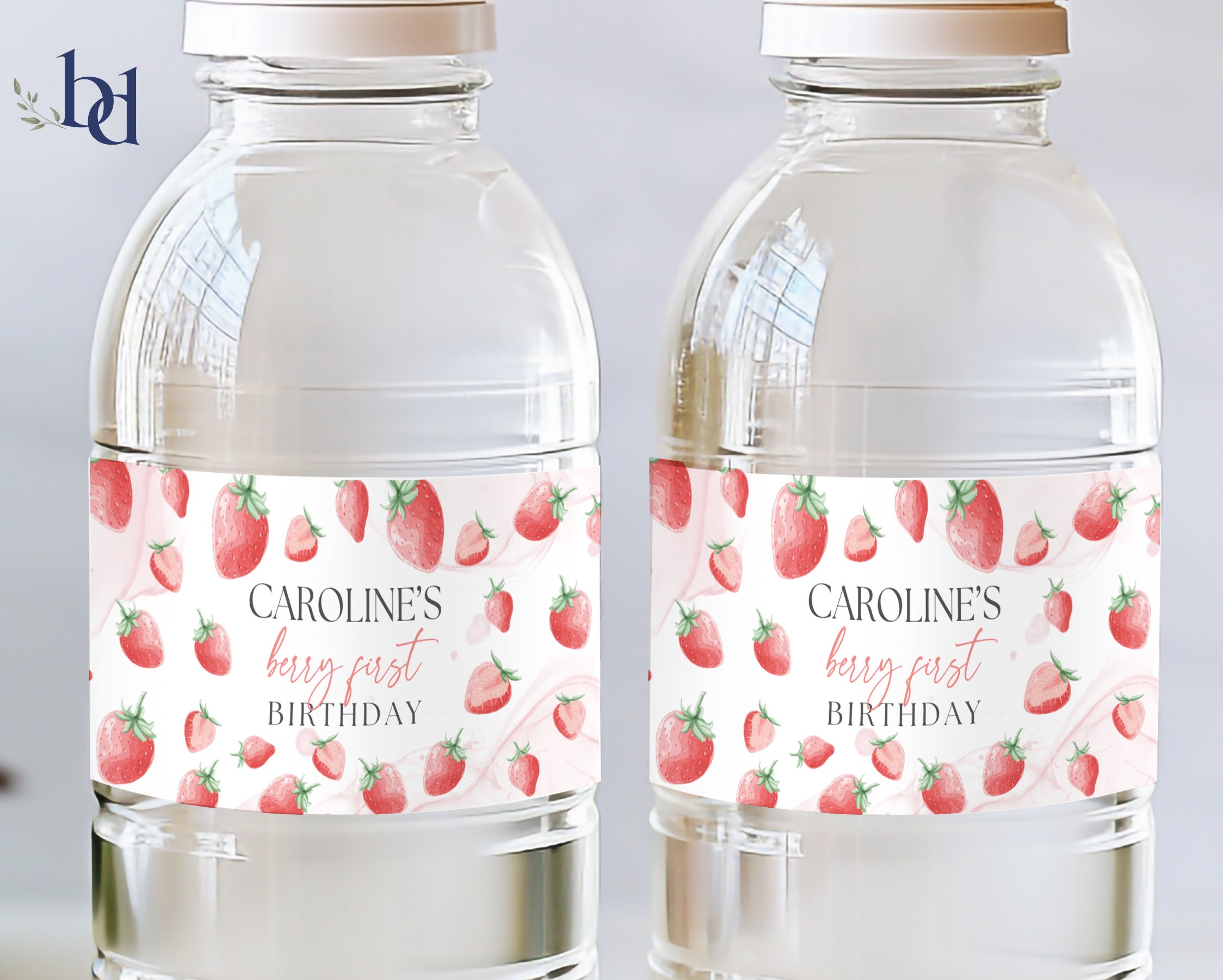 Berry Water Bottle Labels Template, Editable Strawberry First Birthday ...