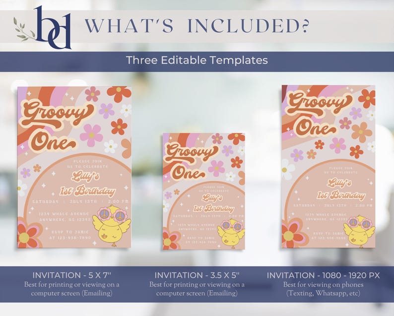 Groovy One Theme Invitation Template, Editable & Printable Hippie First ...