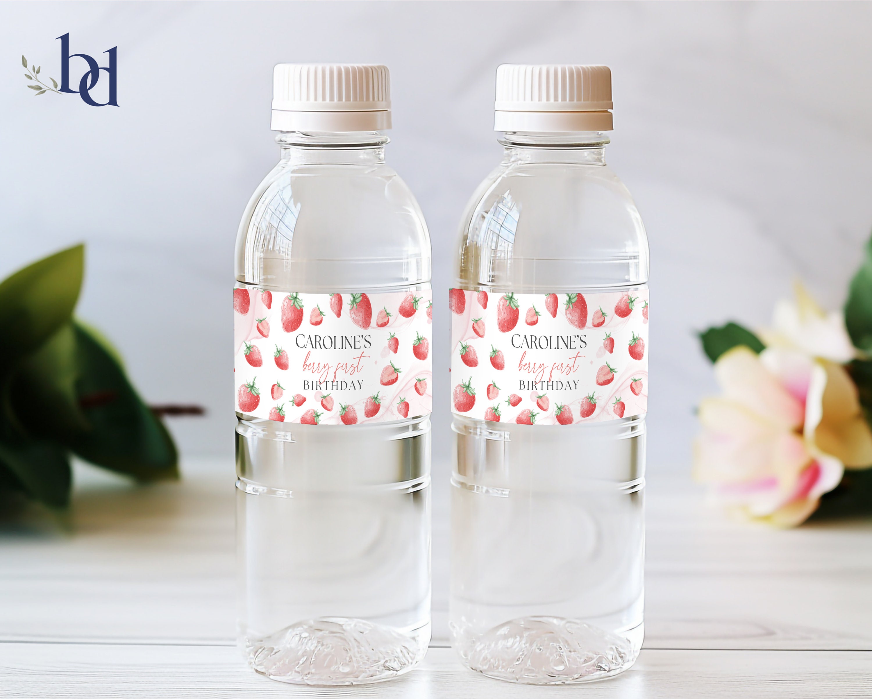 Berry Water Bottle Labels Template, Editable Strawberry First Birthday ...
