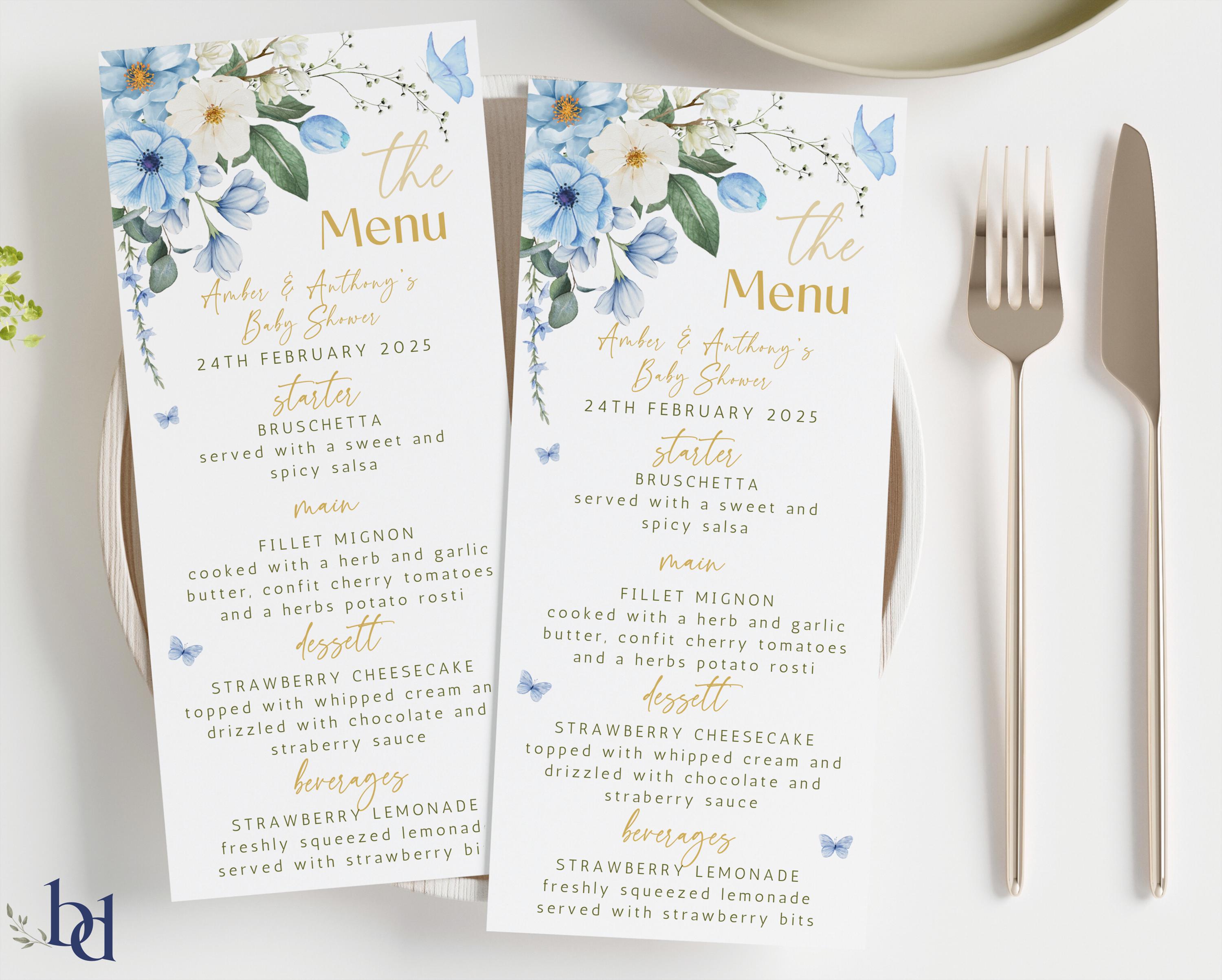 Blue Baby in Bloom Menu Card Template, Floral Baby Shower Menu Template ...