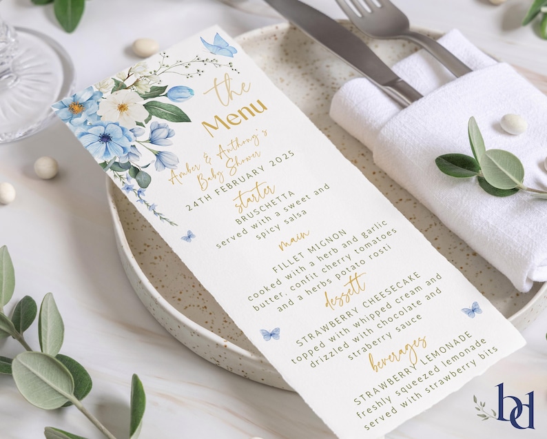Blue Baby in Bloom Menu Card Template, Floral Baby Shower Menu Template ...